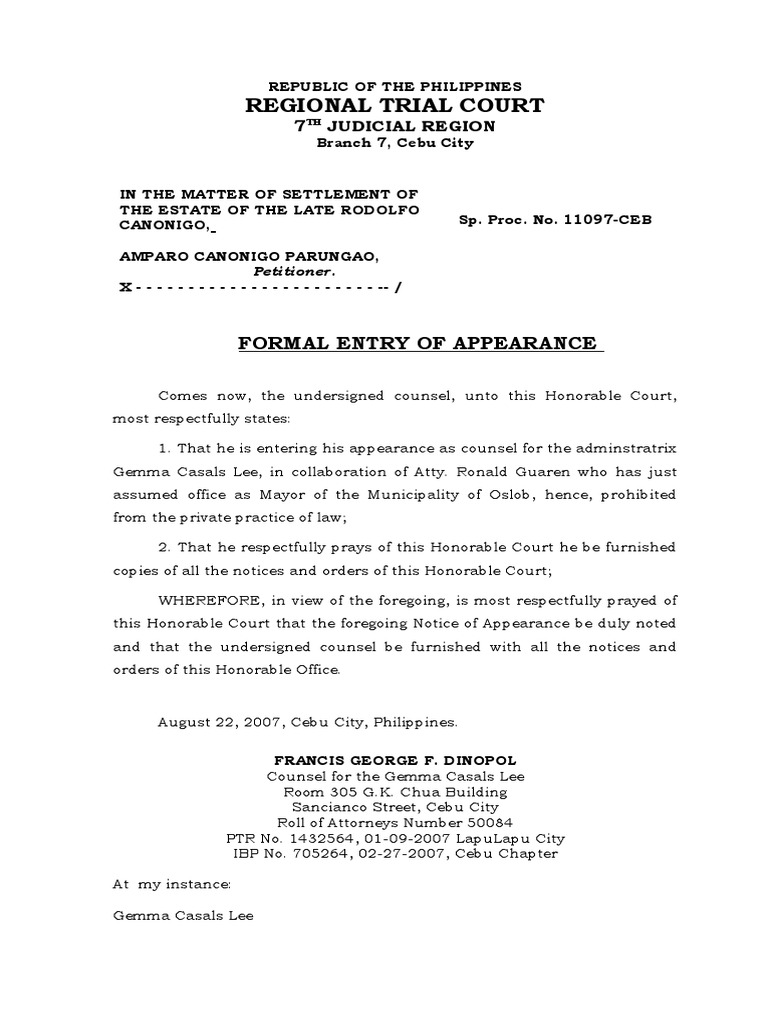 Entry of Appearance Ni Gemma Lee | PDF