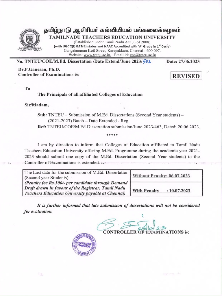 M.Ed. 2nd Year Dissertation Submission - Date Extension - Circular ...