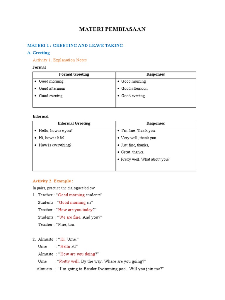 MATERI PEMBIASAAN GREETING AND LEAVE TAKING | PDF
