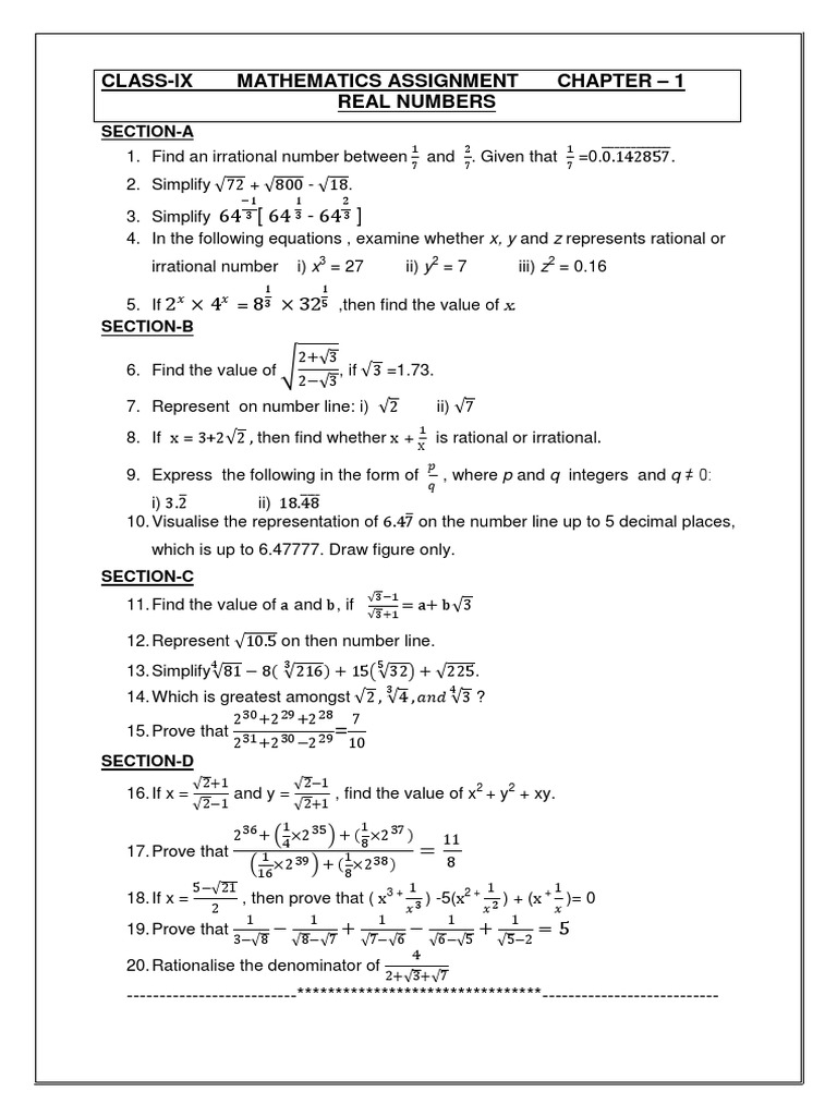 Assignment Maths Class IX (Chapter 1) | PDF