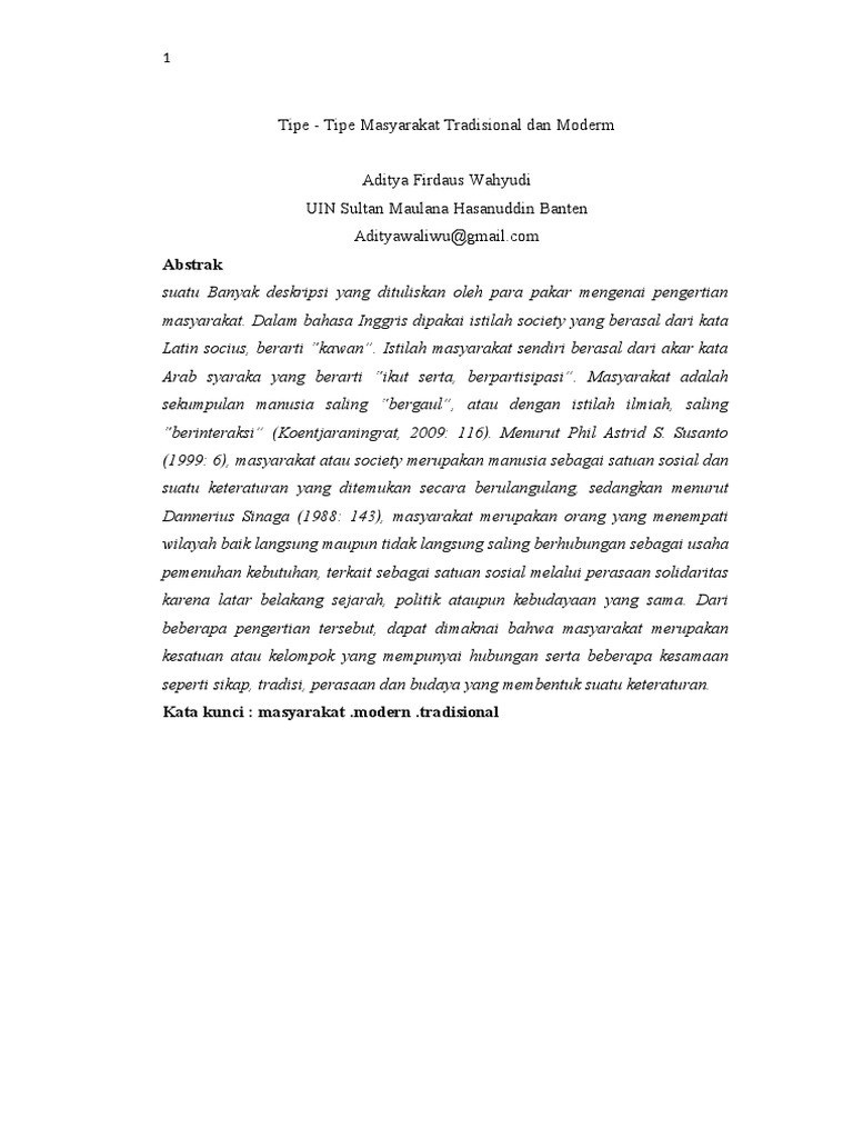Aditya Firdaus Wahyudi Nim 191370007 Tipe Tipe Masyarakat Tradisional Dan Modern | PDF