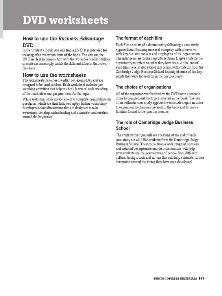 Business Advantage DVD Worksheet Guide | PDF