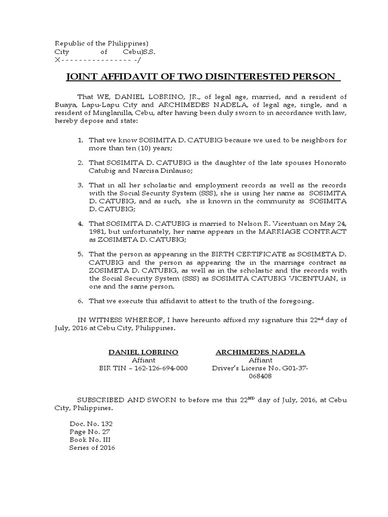 Joint Affidavit of Two Disinterested Person SOSIMETA | PDF