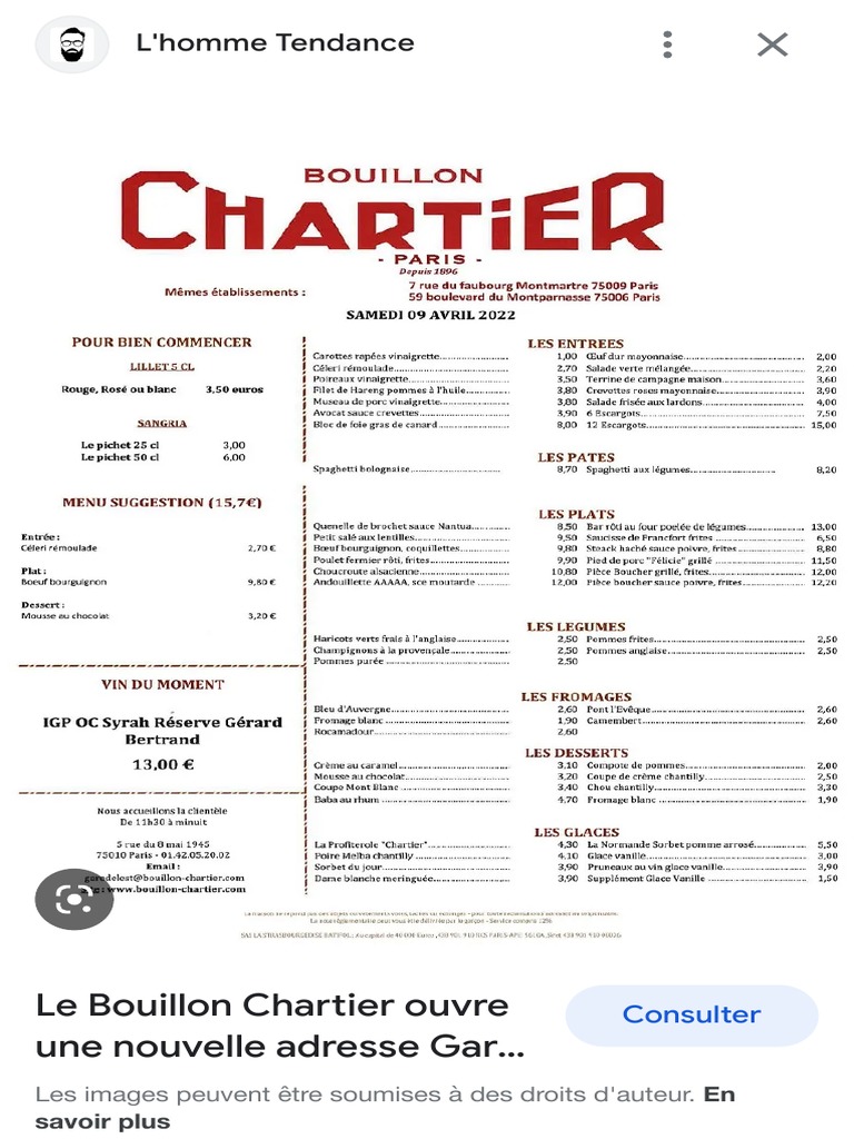 Bouillon Chartier Menu - Recherche Google | PDF