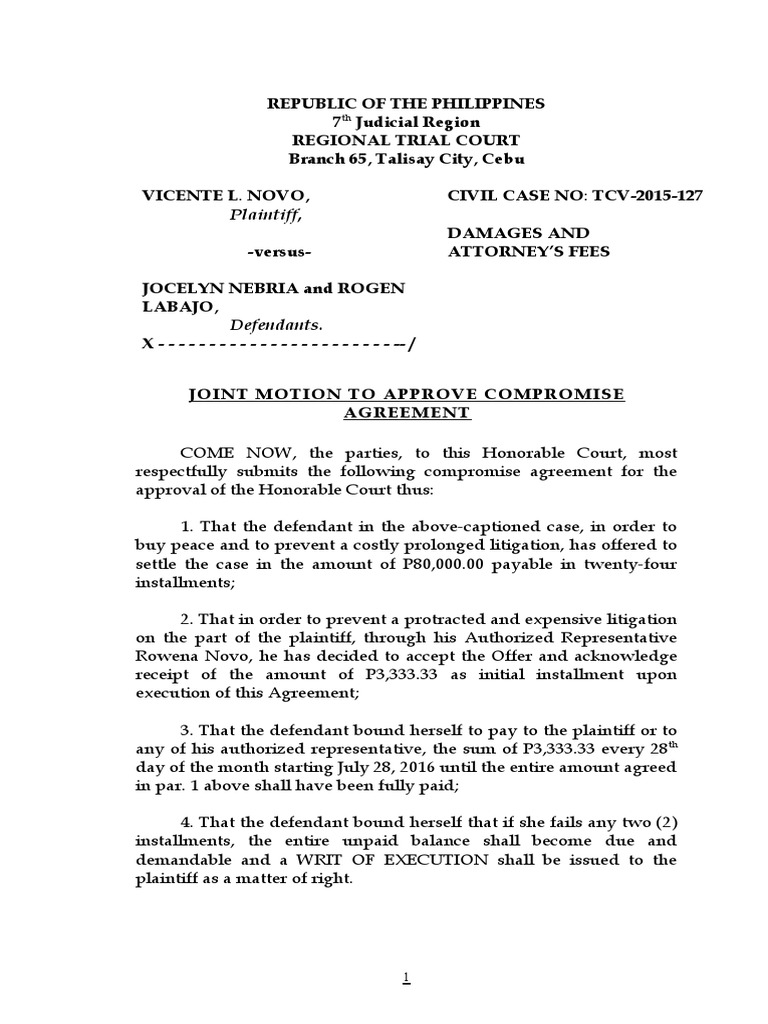 Joint Motion Compromise Agreememt Motion To Set Case Hearing Novo ... Joint Motion Compromise Agreememt Motion To Set Case Hearing Novo ...