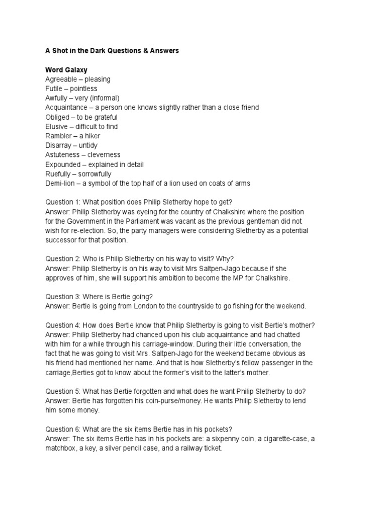 A Shot in the Dark: Q&A for Class 8 | PDF