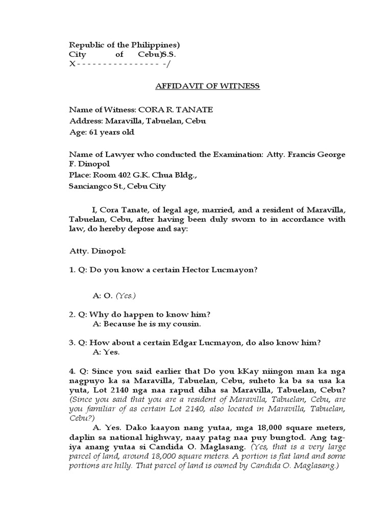 Cebu Affidavit of Witness Cora Tanate | PDF