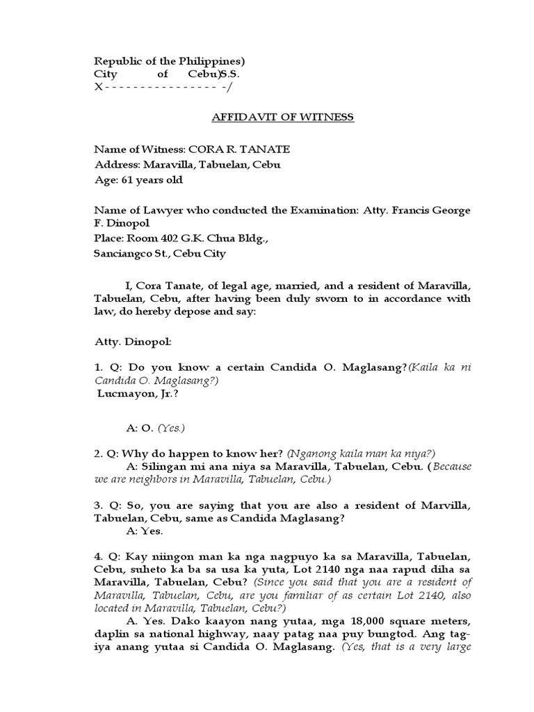 Affidavit of Cora Tanate in Cebu | PDF | Foreign Language Studies