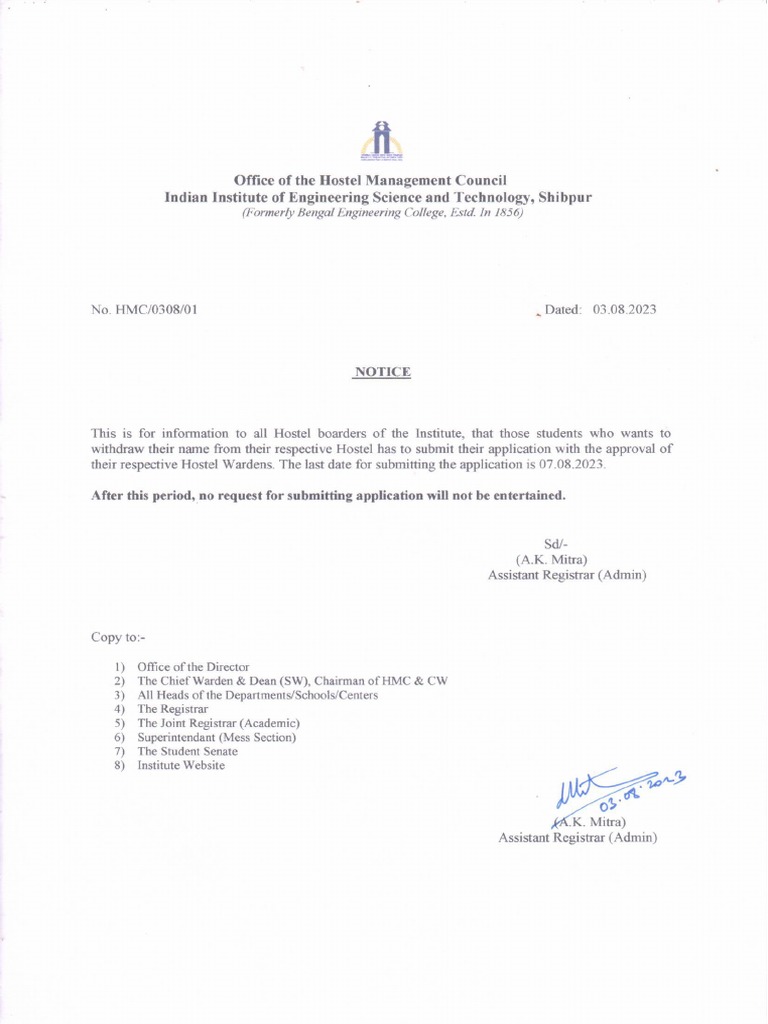 Hostel Leaving Application Notice | PDF