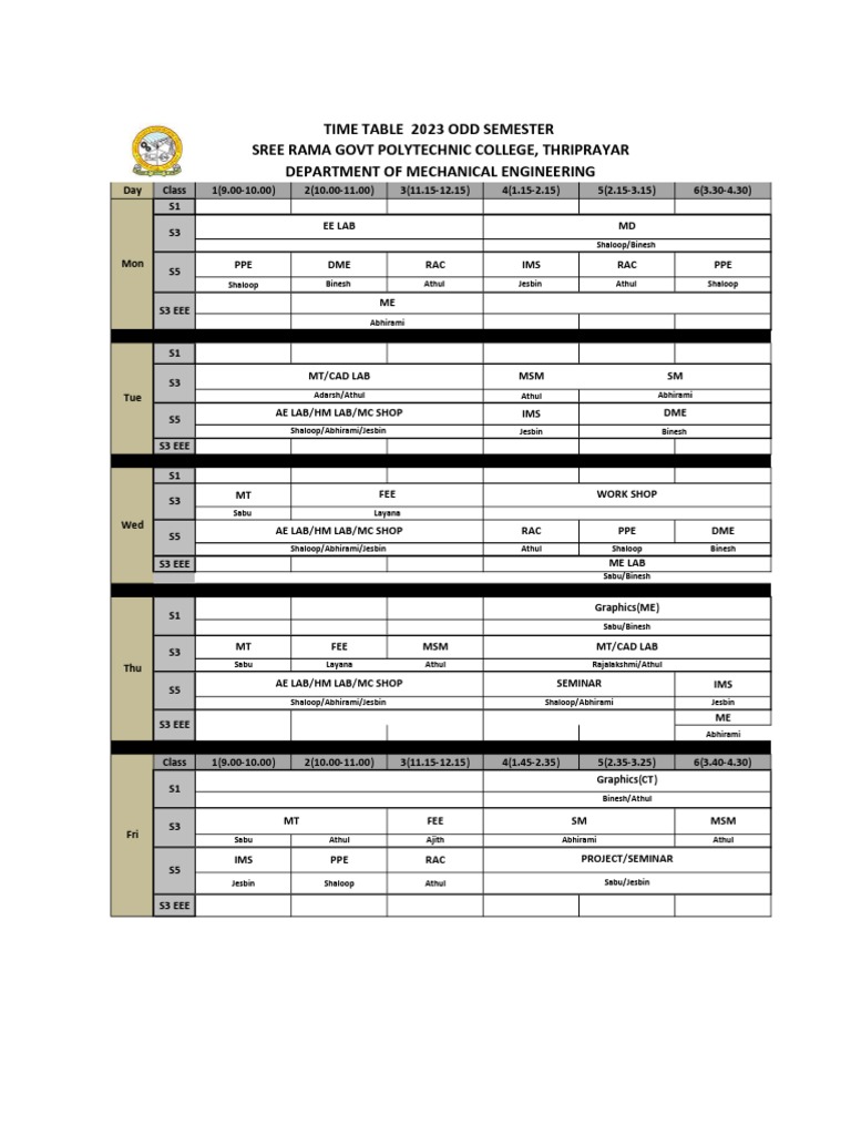 Mechanical Engg Timetable 2023 | PDF