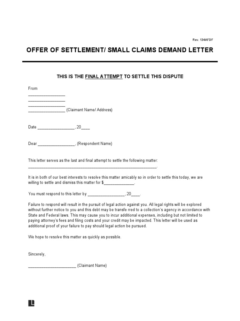 Offer of Settlement - Small Claims Demand Letter | PDF