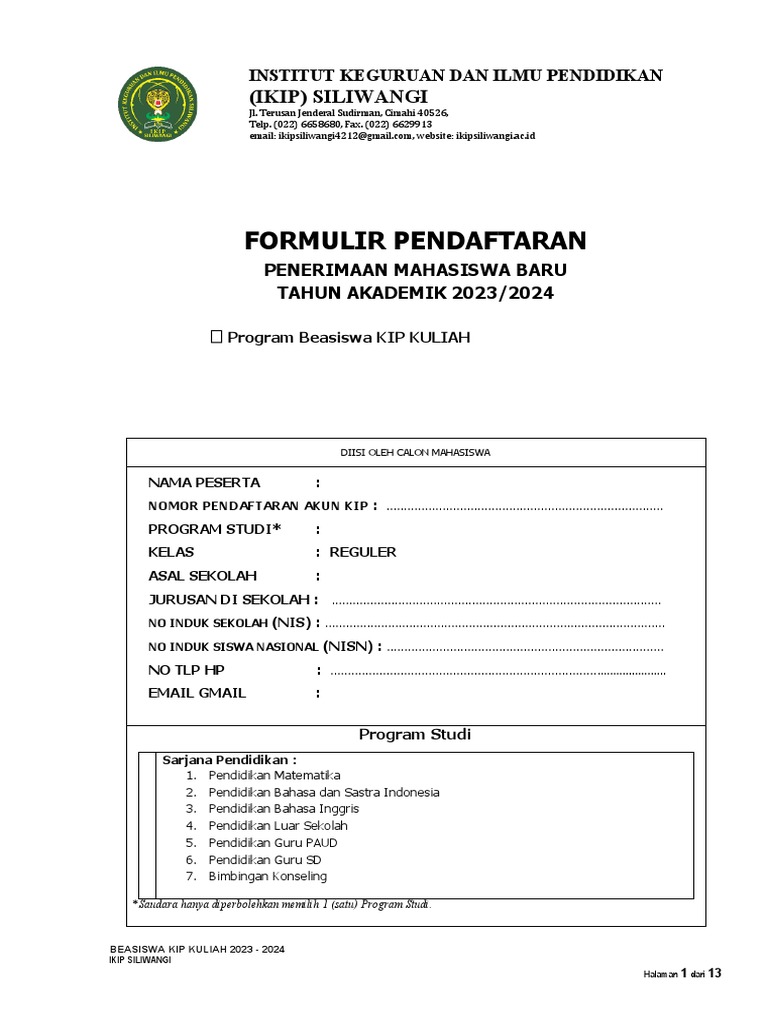 Formulir Kip Kuliah Tahun 2023 | PDF