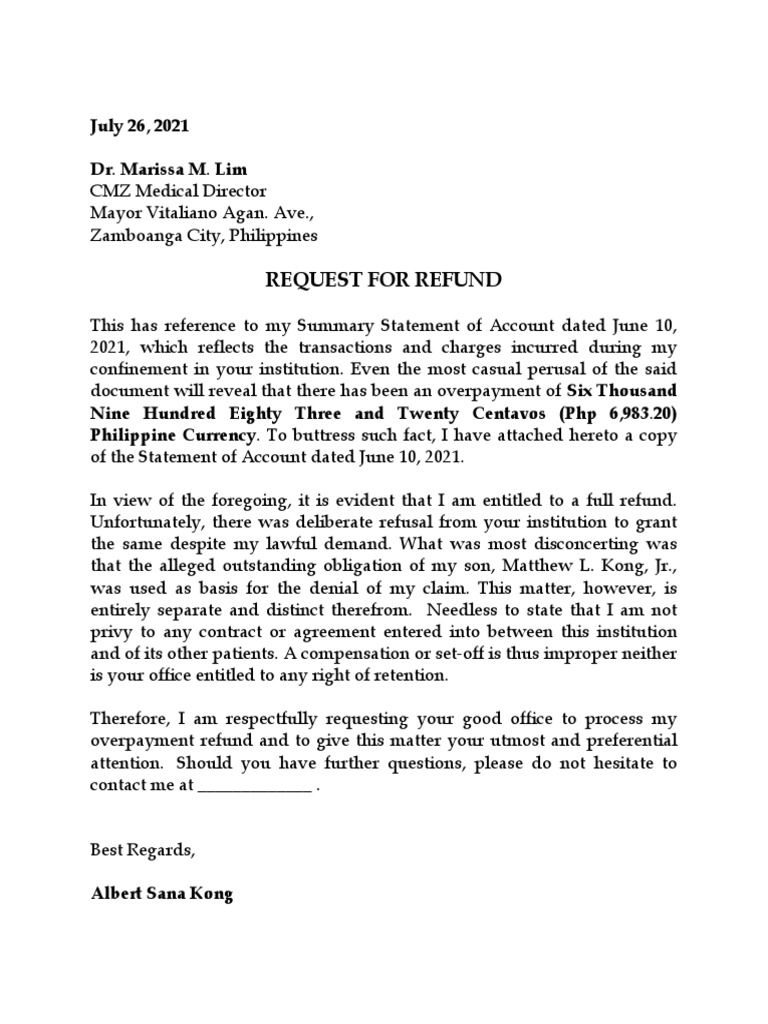 Request Letter For Refund | PDF