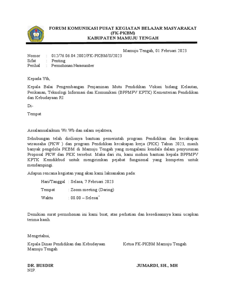 Permohonan Narasumber PKW PKK 2023 | PDF