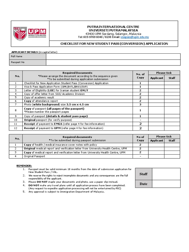 Checklist For New Student Pass (Conversion) Application | PDF