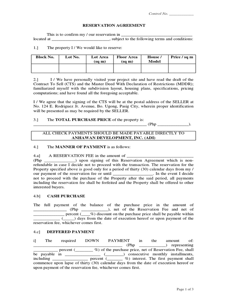 Reservation Agreement - Adi | PDF