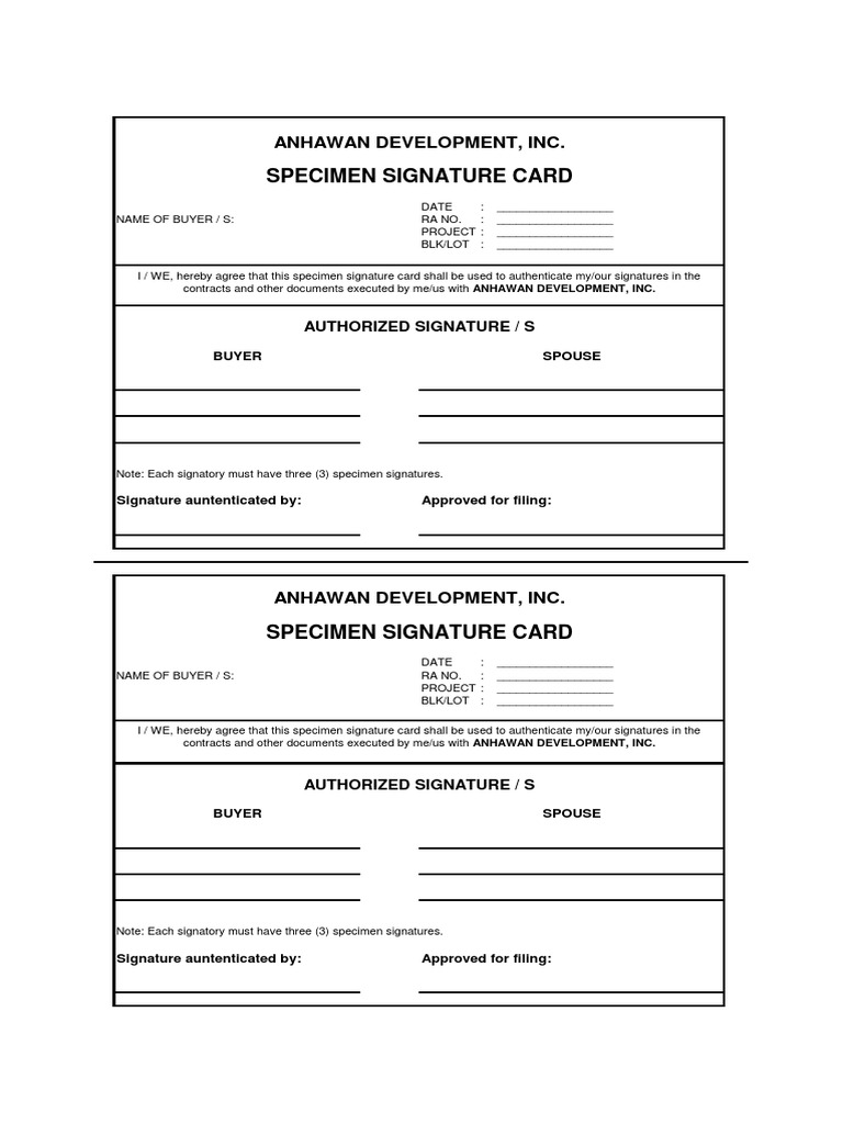 Specimen Signature Card | PDF