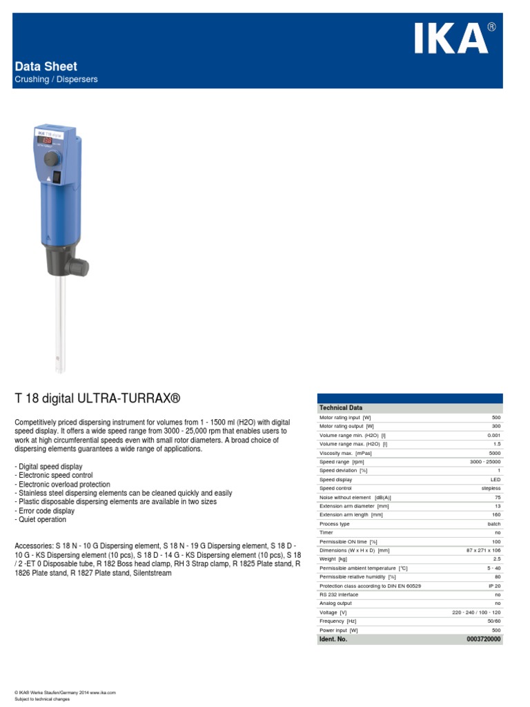 IKA T18 Digital and Basic Ultra-Turrax Data Sheet | PDF