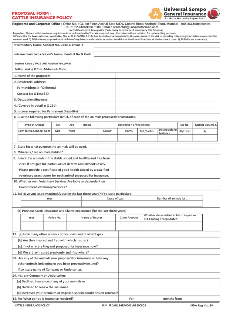 Cattle Insurance Policy Proposal Form | PDF