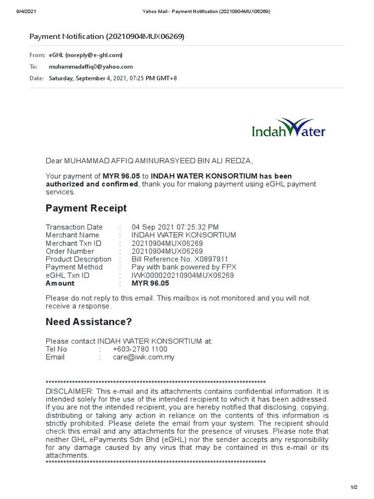 Indah Water Payment (20210904MUX06269) | PDF