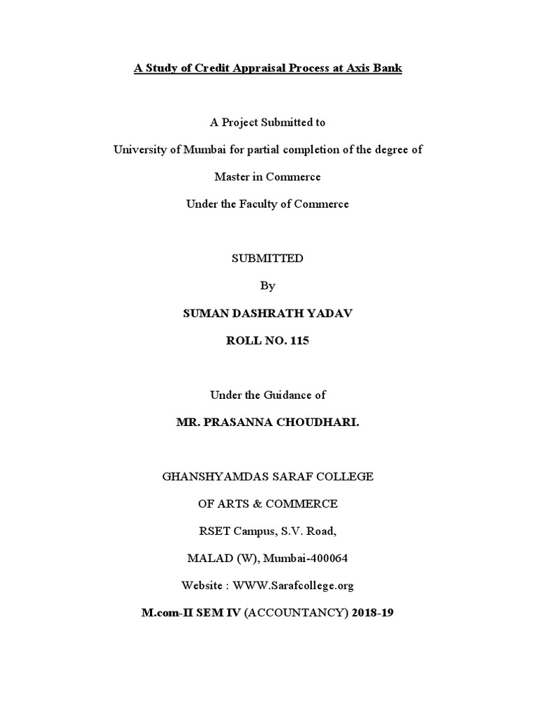 A Study of Credit Appraisal Process at Axis Bank | PDF
