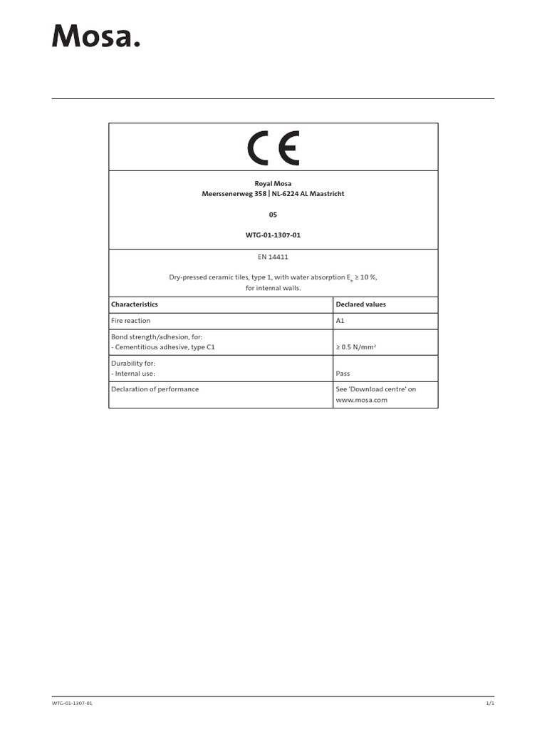 Mosa CE Marking Wall Tiles Internal Use | PDF
