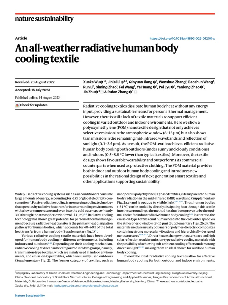 An All-Weather Radiative Human Body Cooling Textile: Nature ...