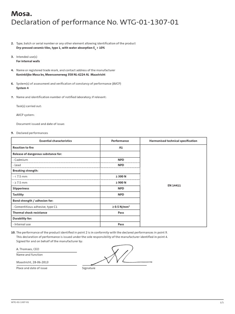 Declaration of Performance WTG Mosa | PDF