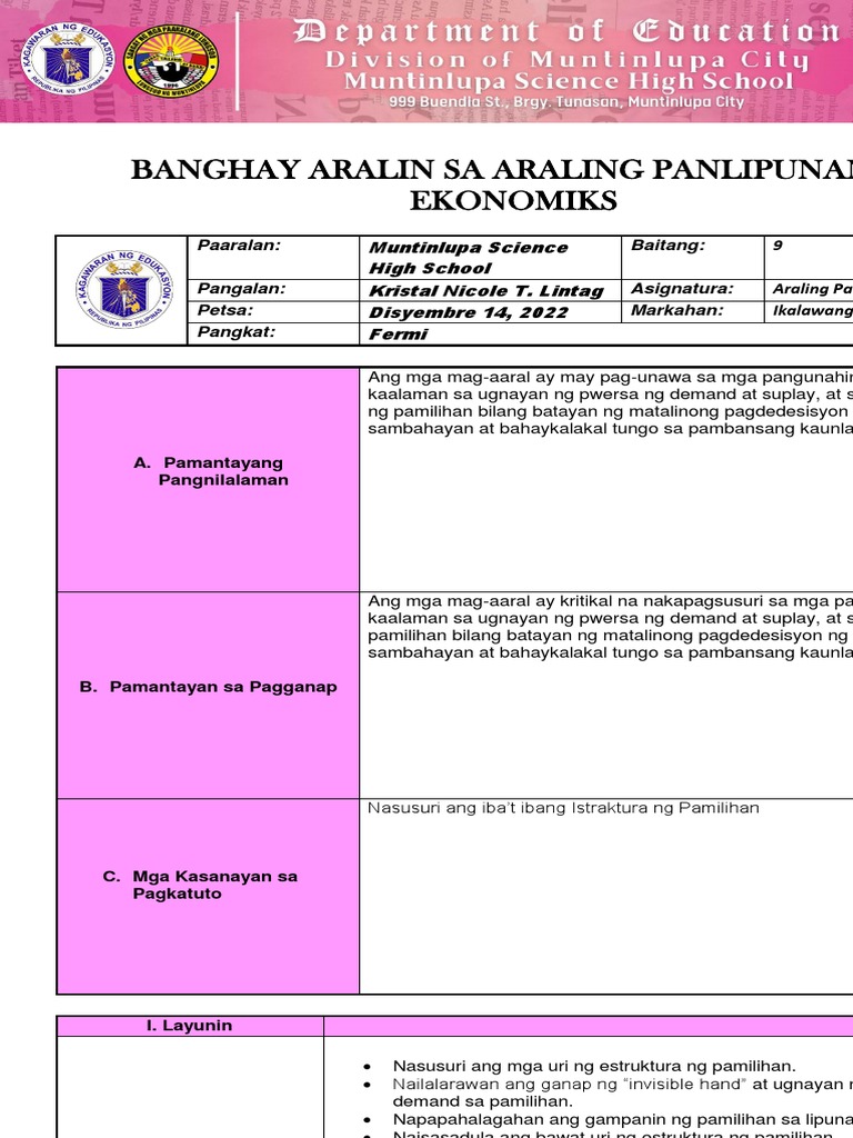 Lesson Plan For Ap Ekonomiks 9 Konsepto at Estruktura NG Pamilihan | PDF