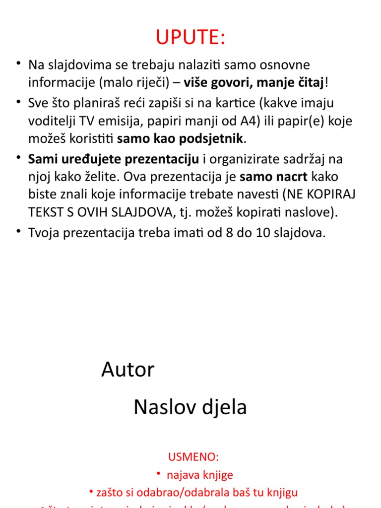 Izborna Lektira (Nacrt Prezentacije) | PDF