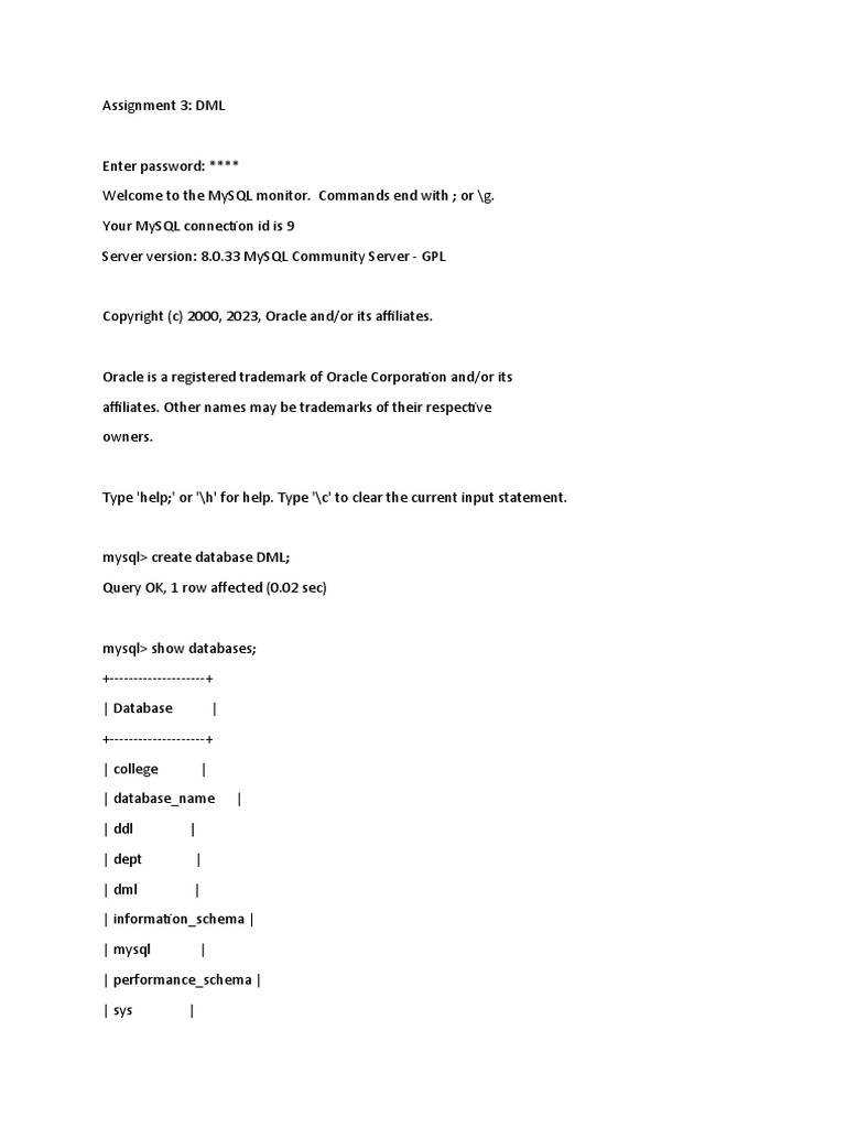Assignment 3-DML | PDF | My Sql | Computer Data Assignment 3-DML | PDF | My Sql | Computer Data