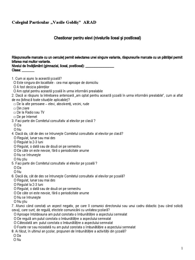 Chestionar Elevi | PDF
