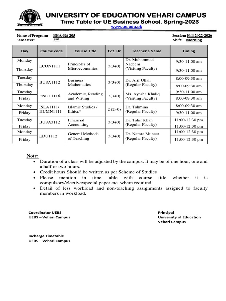 UEBS Time Table 2023 | PDF
