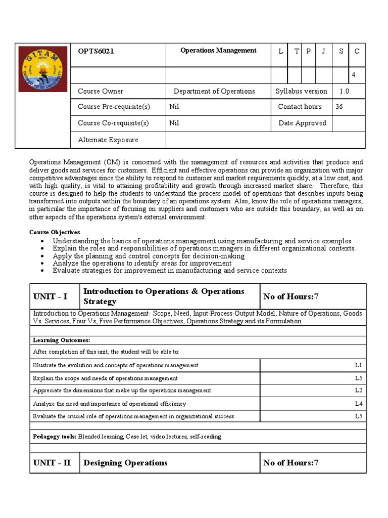 Operations Management Syllabus Management SYLLABUS | PDF