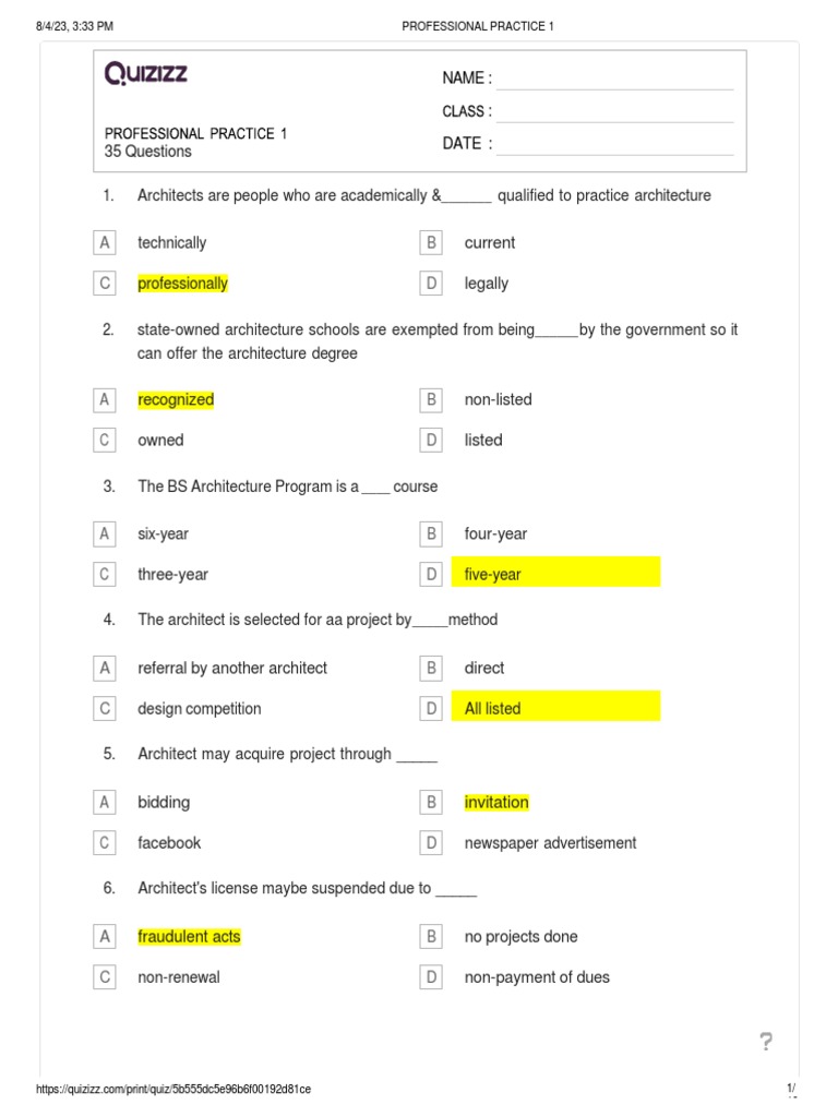 Professional Practice 1 Exam Review | PDF | Architect
