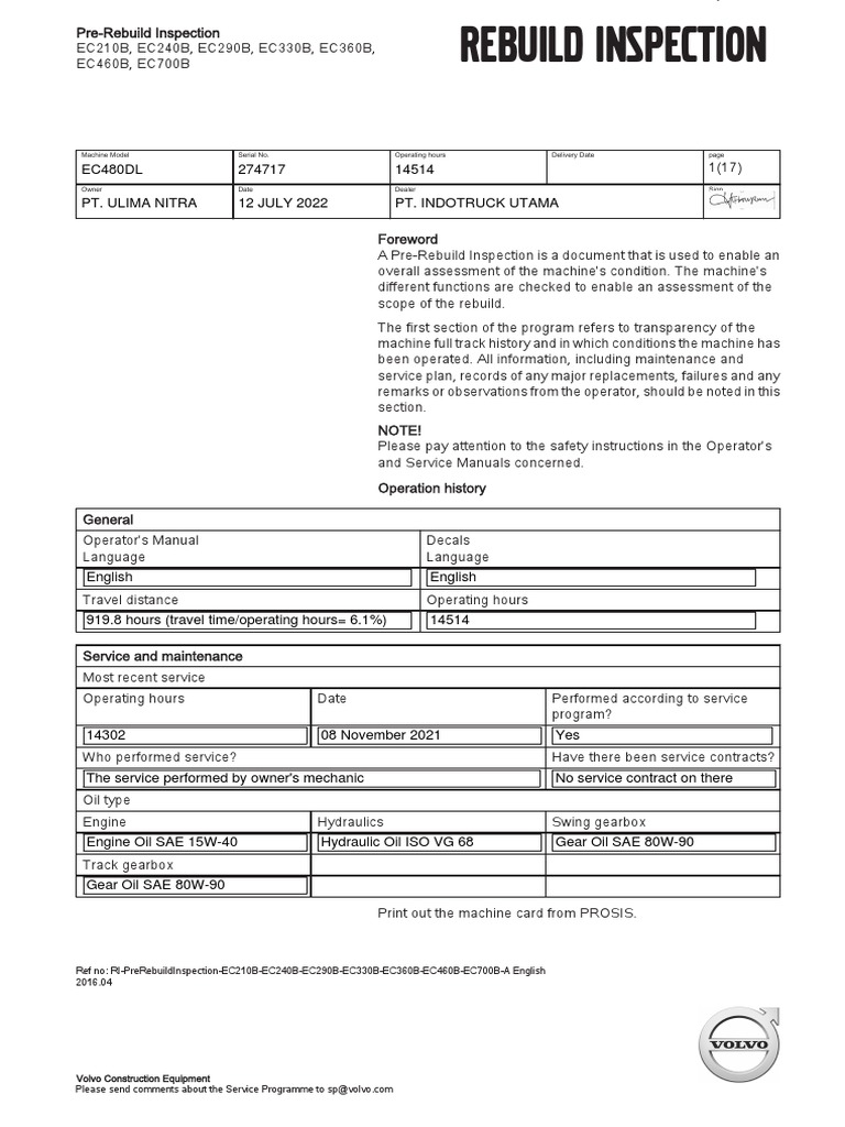 EC480DL 274717, 14514hr, Pre-Rebuild Inspection VCRM Complete Rebuild ...