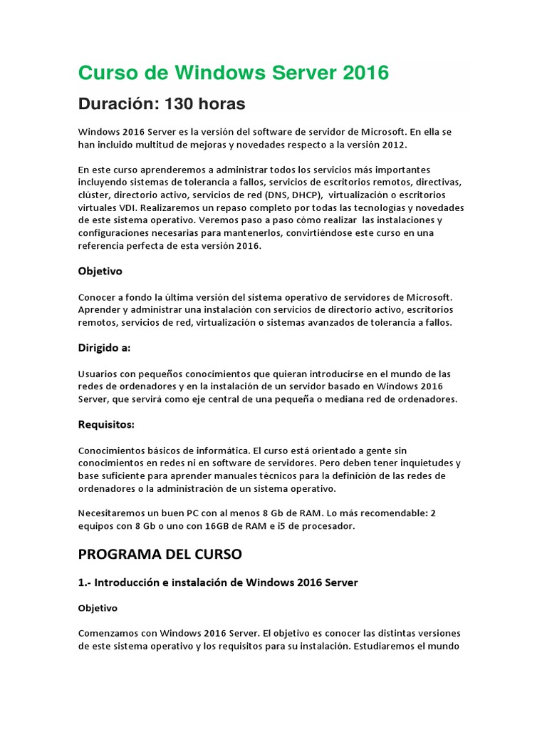 Curso de Windows Server 2016 | PDF | Directorio Activo | sistema de nombres de dominio