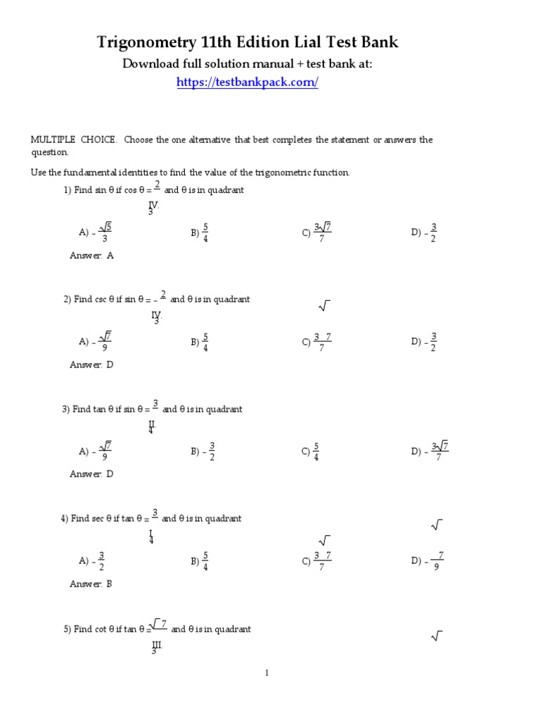 Trigonometry 11th Edition Lial Test Bank Download | PDF