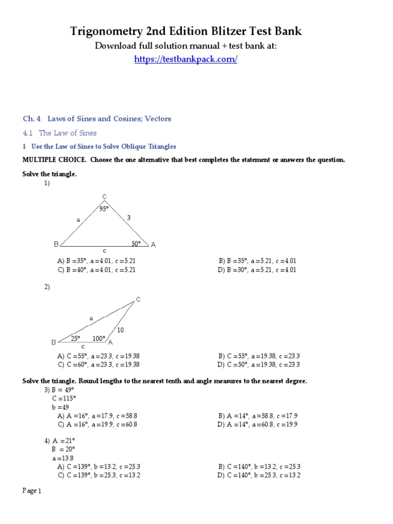 Trigonometry Test Bank Solutions | PDF