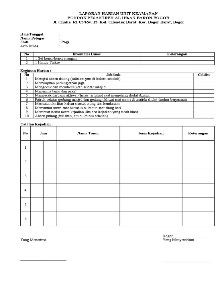 LAPORAN HARIAN UNIT KEAMANAN | PDF