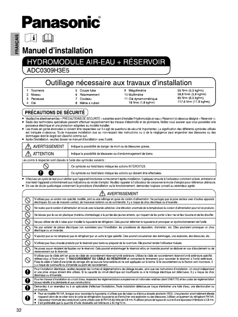 Manuel d'Installation PAC WH-ADC0309H3E5 FR | PDF
