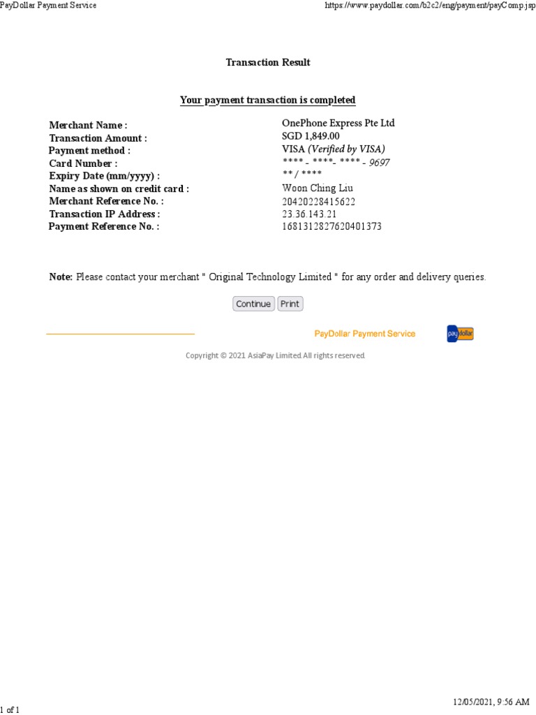 PayDollar Payment Service Slip | PDF
