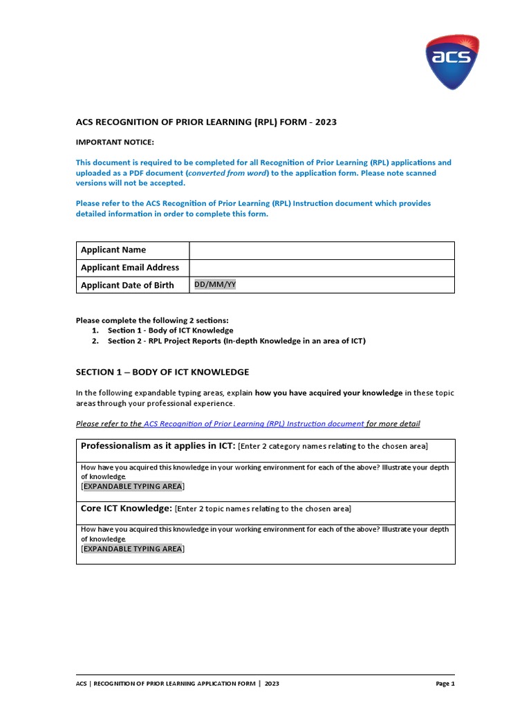 ACS Recognition of Prior Learning (RPL) Form (2023) | PDF