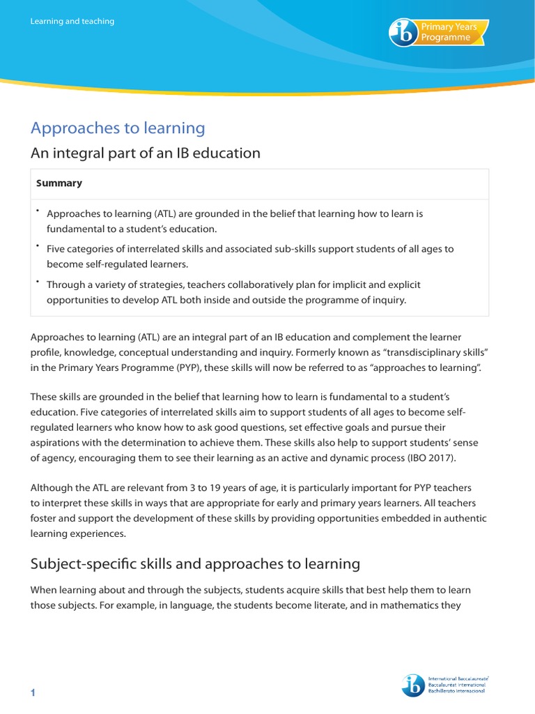 Approaches to Learning- PYP | PDF