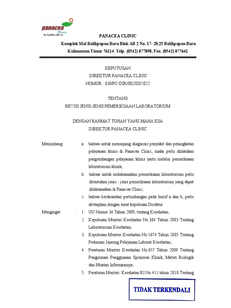 PKP 13.1 SK Penetapan Jenis Jenis Pelayanan Laboratorium | PDF