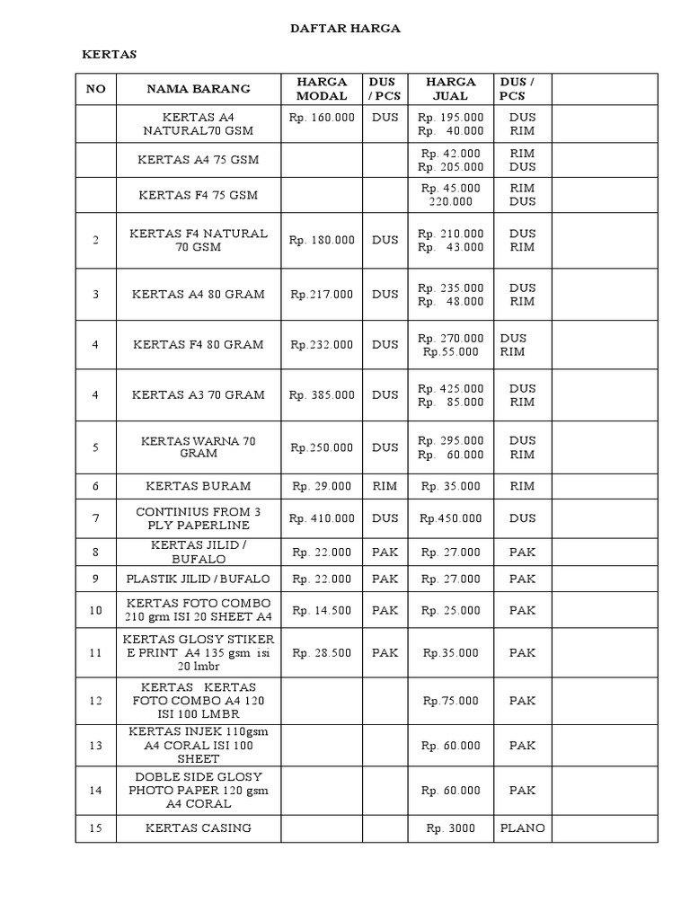 Daftar Harga Kertas dan Alat Tulis | PDF