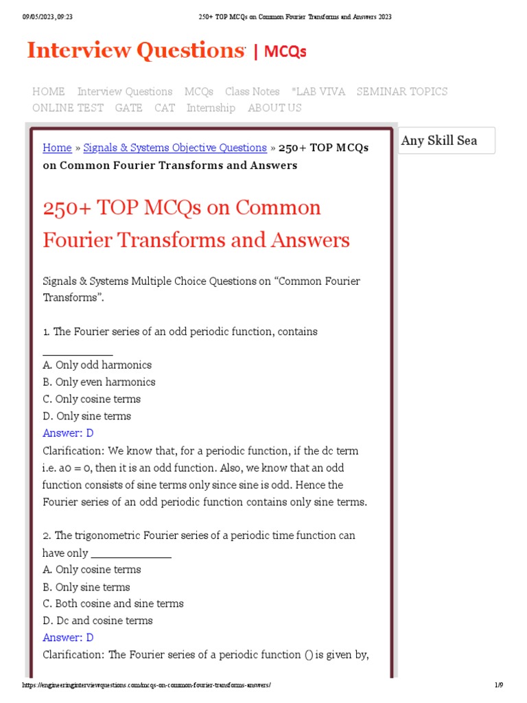 250+ TOP MCQs On Common Fourier Transforms and Answers 2023 | PDF