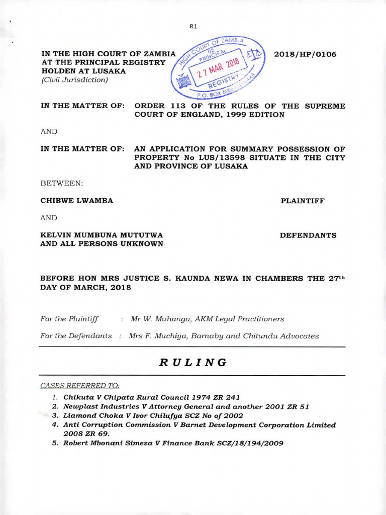2018 HP 0106 Chibwe Lwamba V Kelvin Mumbuna Mututwa Another Mar 2018 ...