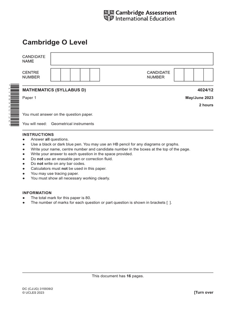 Cambridge O Level: Mathematics (Syllabus D) 4024/12 | PDF