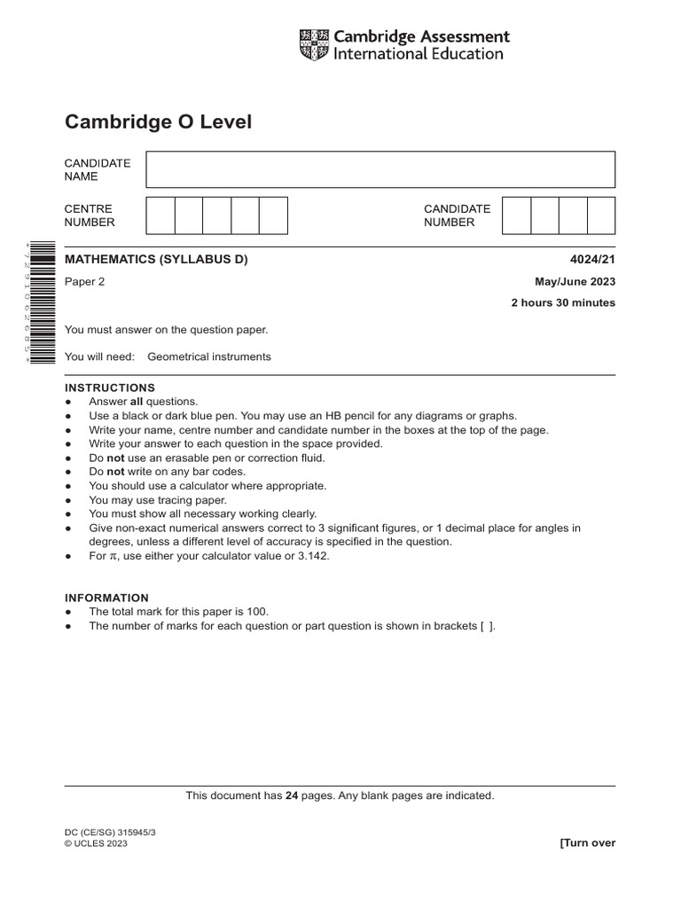 Cambridge O Level: Mathematics (Syllabus D) 4024/21 | PDF